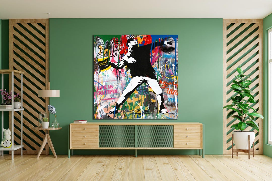 Book Thrower Street Art Printed on Textured Canvas Banksy Graffiti Wall ...