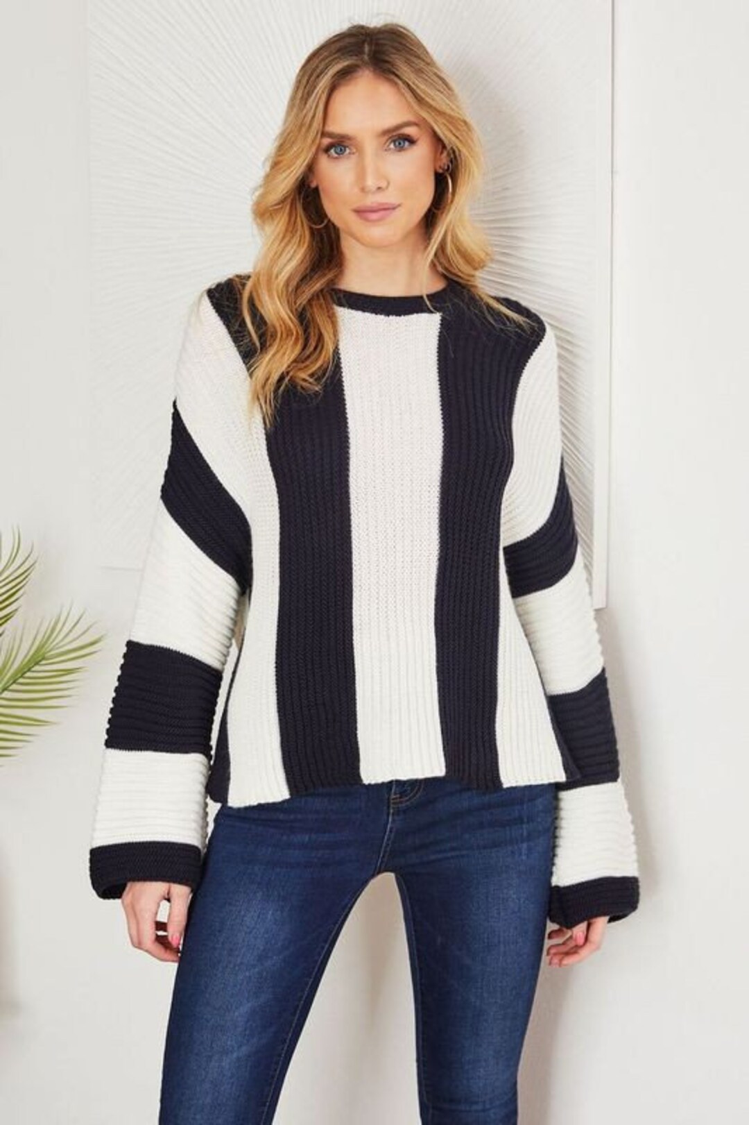 Stripe Pattern Wide Crew Neck Rib Sweater in Navy and White Made in ...