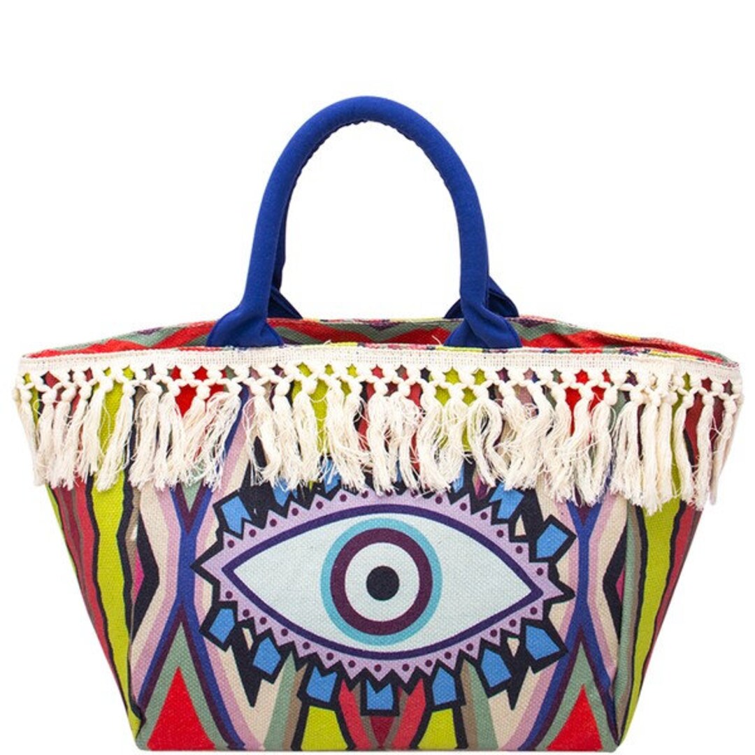 Fringe Multi-color Evil Eye Tote With Fringe Accent - Etsy
