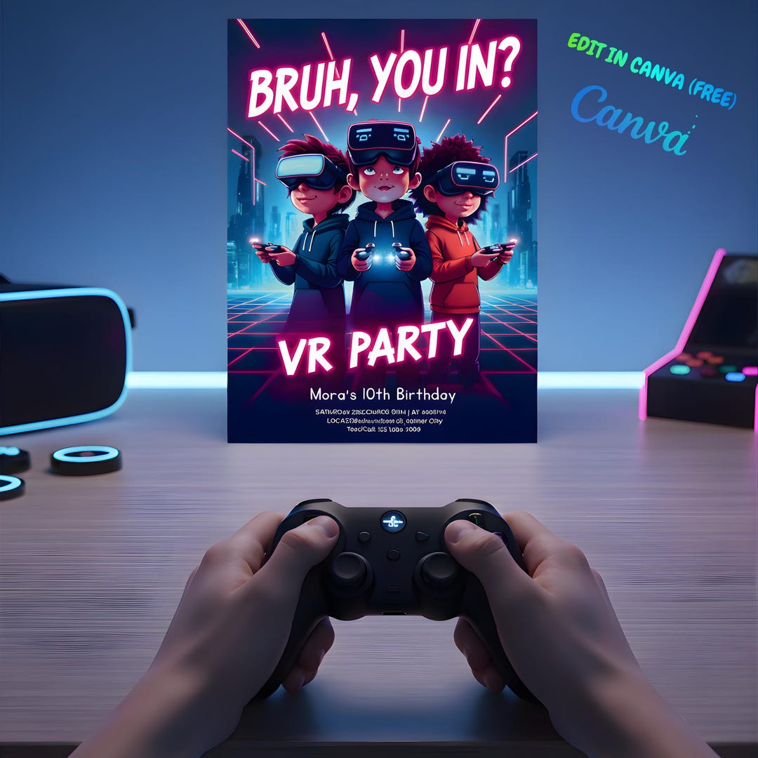 Editable VR Birthday Invitation Neon Gamer Party Video Game Invite ...