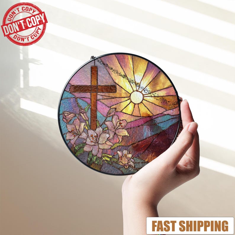 Easter Morning Cross Stained Glass Suncatcher, Christian Glass Window ...