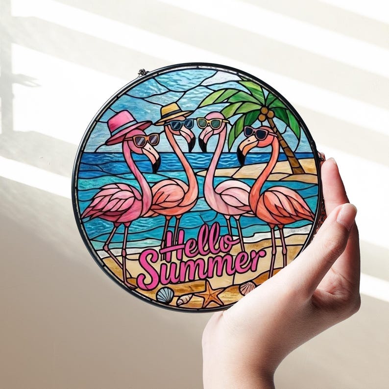 Flamingo Hello Summer Suncatcher, Tropical Bird Window Hanging, Stained ...