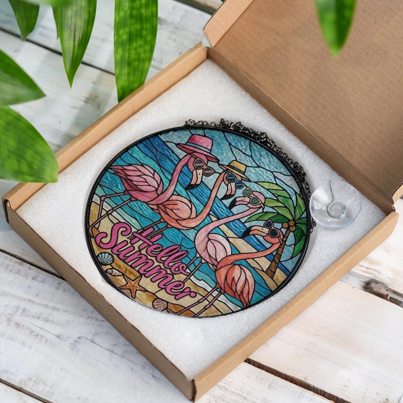 Flamingo Hello Summer Suncatcher, Tropical Bird Window Hanging, Stained ...