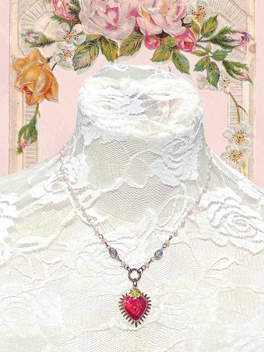 Sacred Heart Pearl Rosary Y Necklace.catholic Rosary Style Red ...