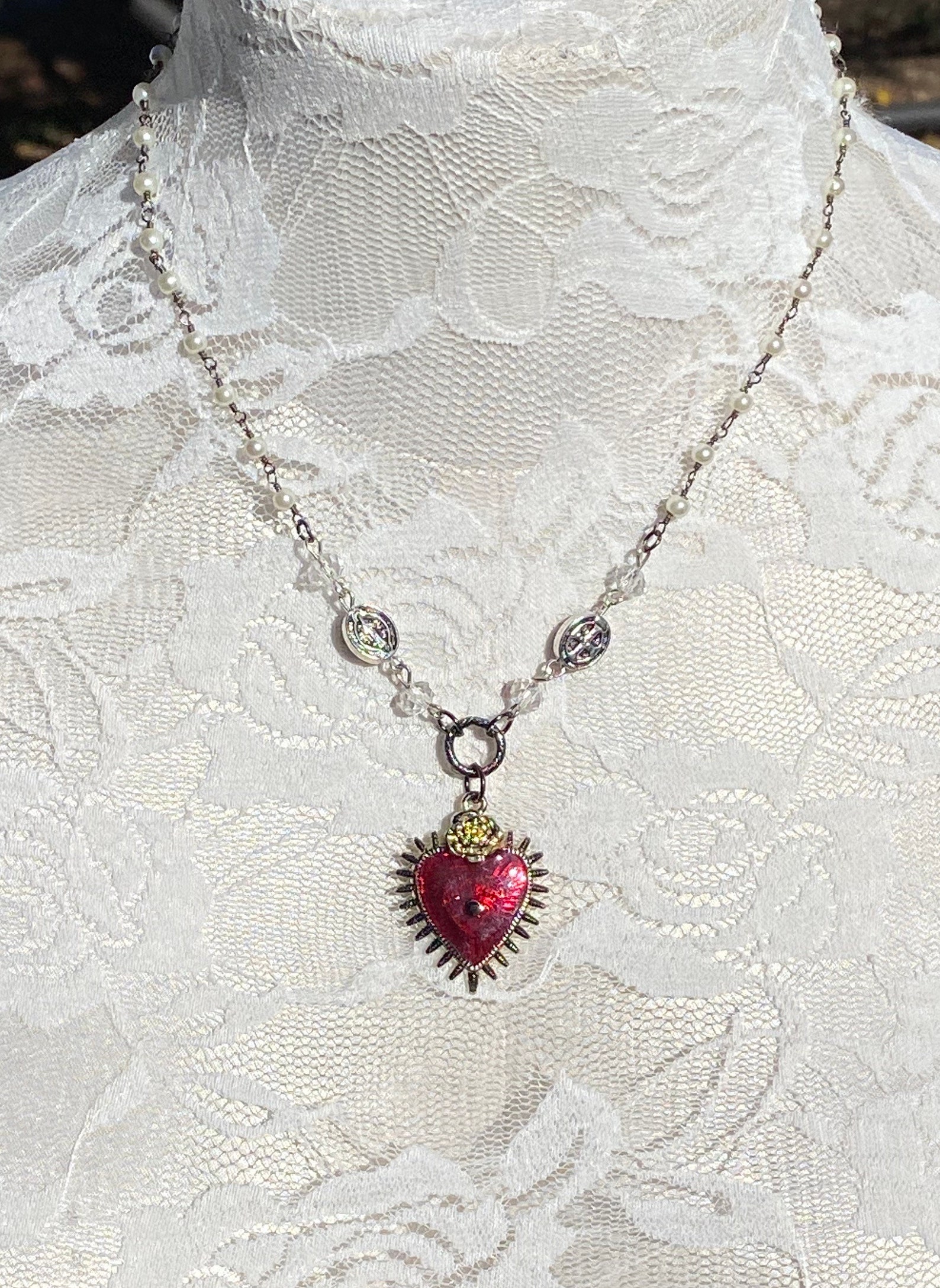 Sacred Heart Pearl Rosary Y Necklace.catholic Rosary Style Red ...