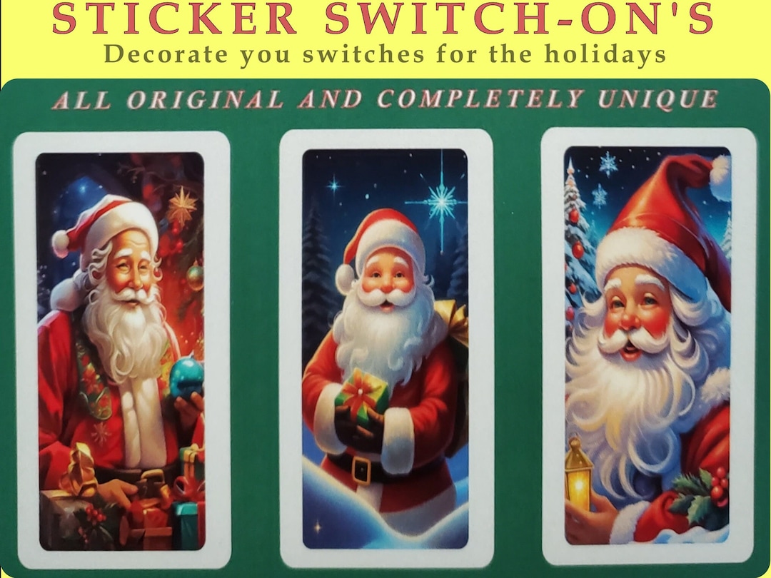 STICKER SWITCH-ON'S, 3 Santa Claus + Merry Christmas Stickers. Reusable ...