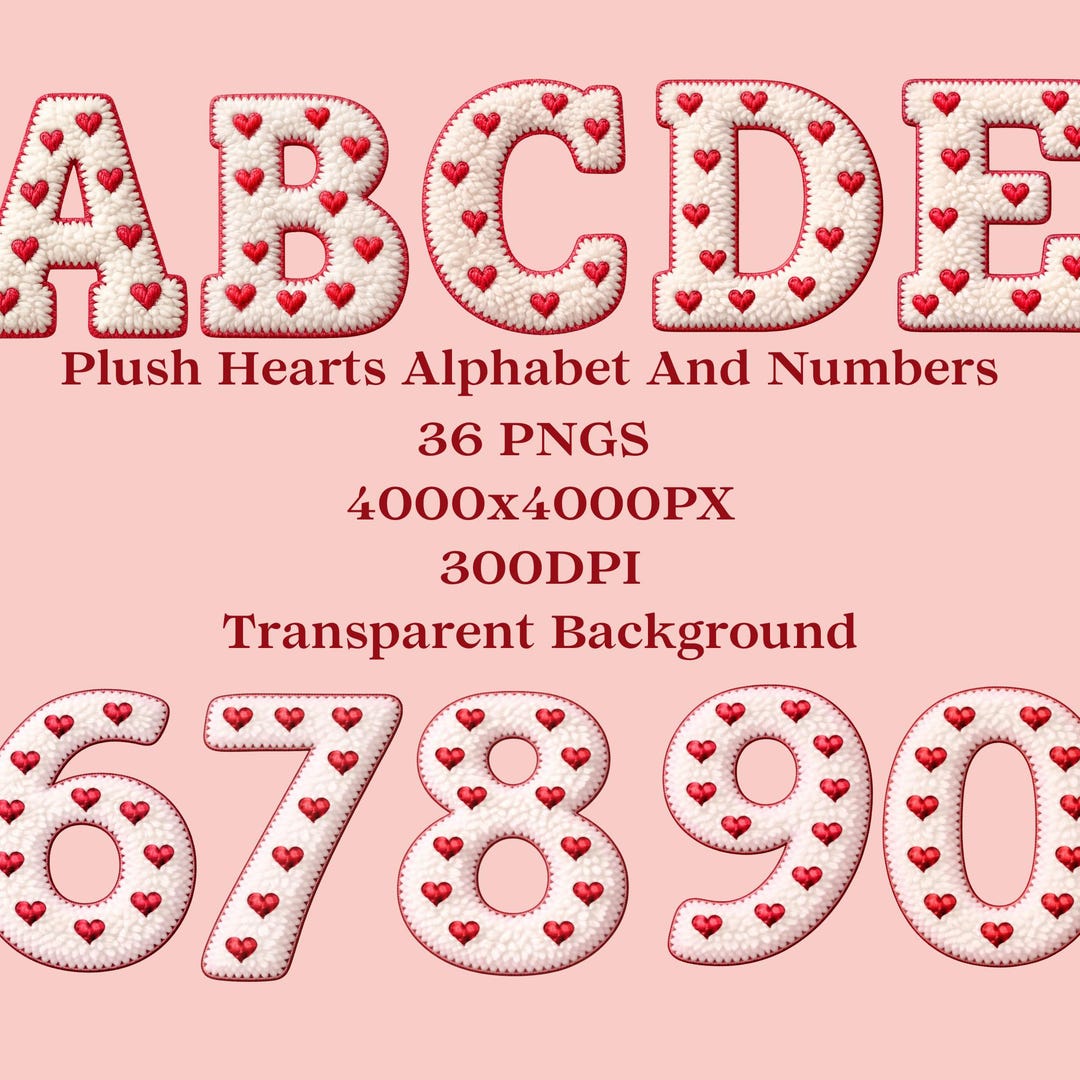 Plush Heart Alphabet & Numbers PNG Bundle | Fluffy Valentine Letters 0 ...