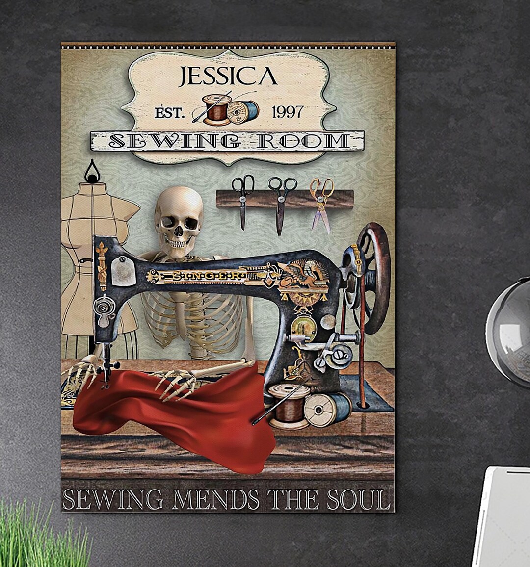Personalized Sewing Room Poster, Skeleton Seamstress Wall Art, Custom ...