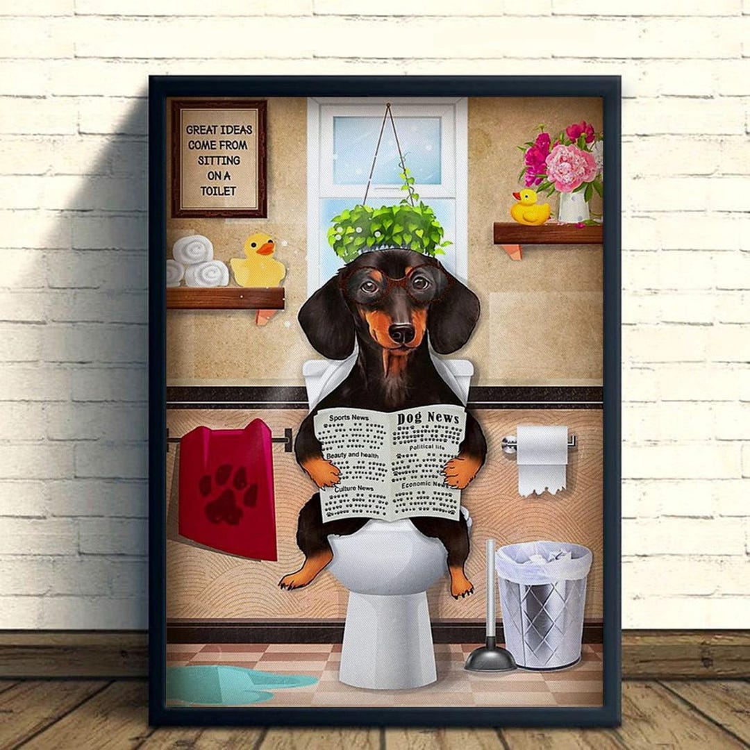Dachshund on Toilet Reading Newspaper Poster, Funny Dog Bathroom Decor ...