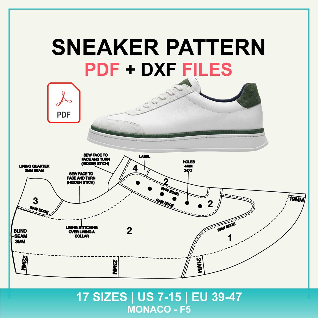 Sneaker Pattern PDF + DXF | Digital Shoe Pattern | US 7–15 (monaco F5 ...