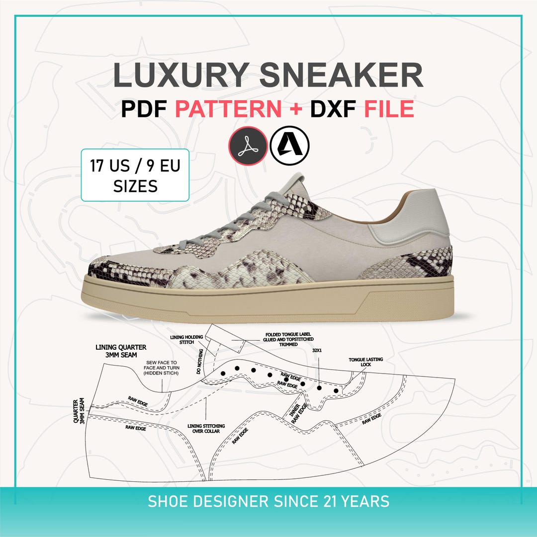 Sneaker Pattern PDF + DXF | Luxury Street Leather Shoe Sewing Template ...