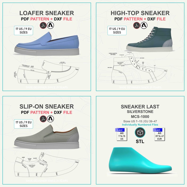 Sneaker Pattern Bundle PDF DXF | 15 Templates, 3 Shoe Last STL (digital ...