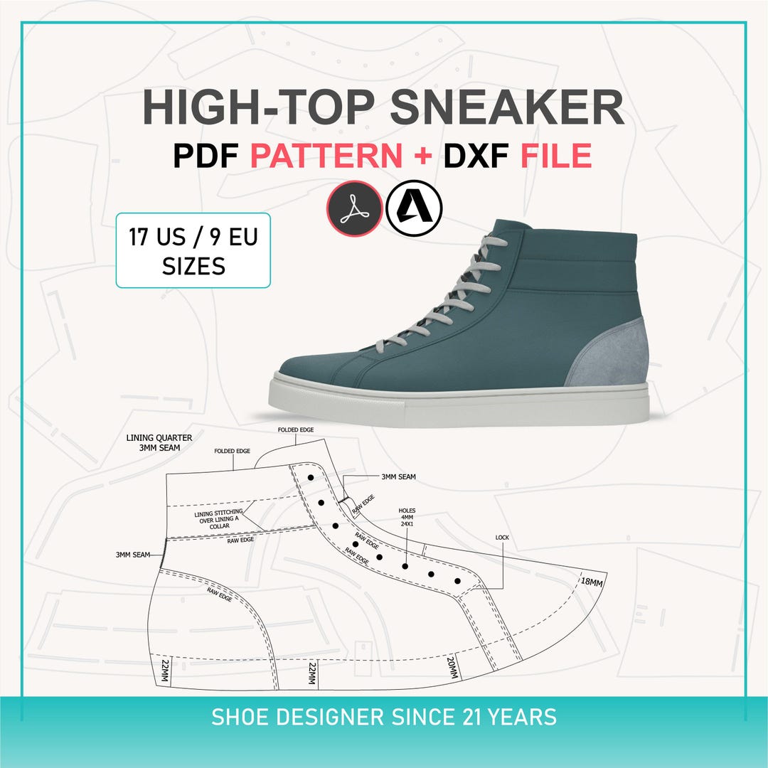 Sneaker Pattern PDF + Dxf | Leather High-top Shoe Sewing Template ...
