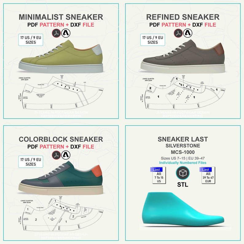 Sneaker Pattern Bundle PDF DXF | 15 Templates, 3 Shoe Last STL (digital ...