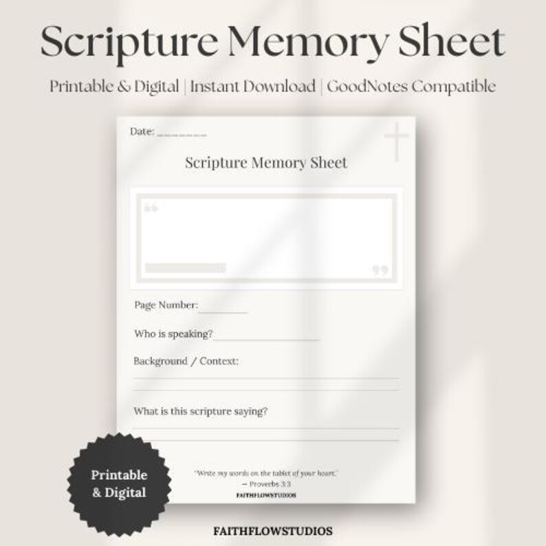 Scripture Memory Sheet Printable • Bible Study Worksheet • Christian ...