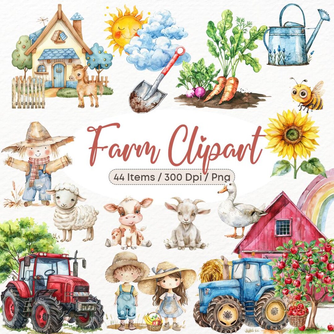 Watercolor Cute Farm Clipart, Farm Baby Animals, Little Farm, Farm Life ...