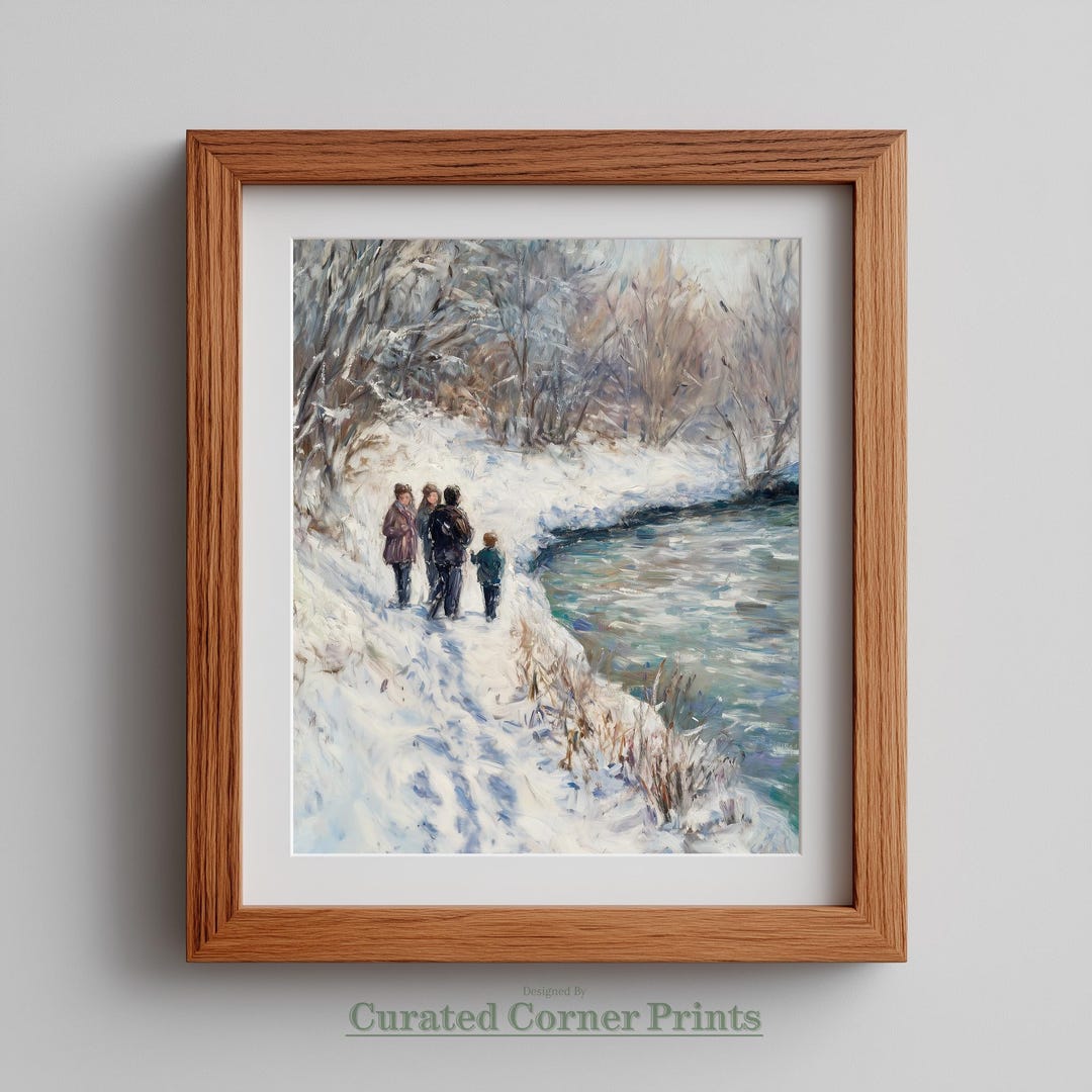 Printable Winter River Stroll Landscape - Impressionistic Snowy Scene ...