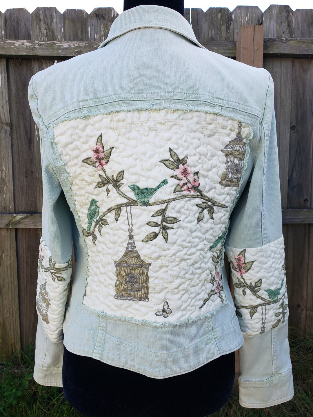 Remade Denim Jacket Ladies Medium Birds and Butterflies - Etsy