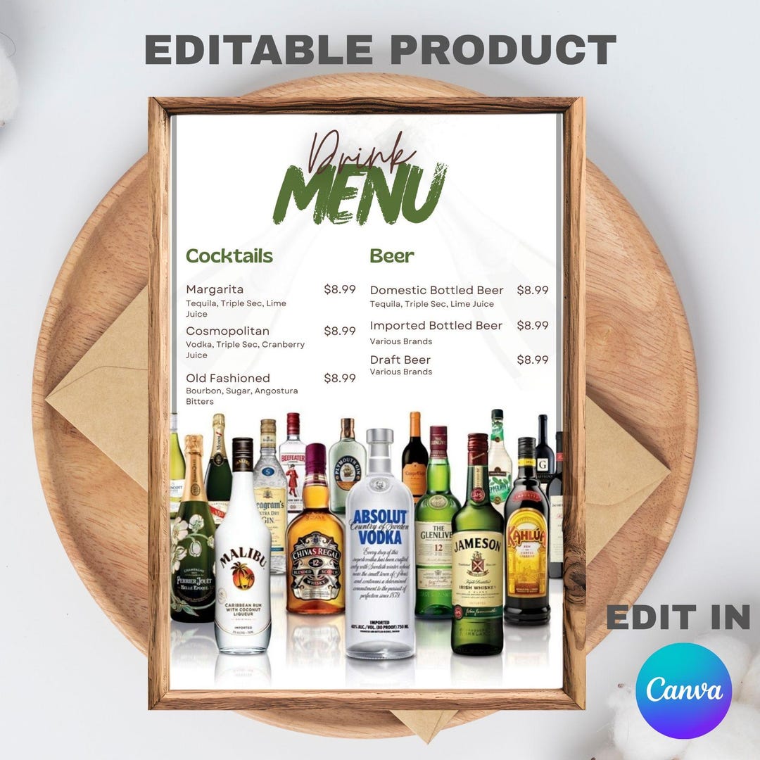 Editable Signature Drink Bar Menu Template (5x7) Digital Downloadable ...