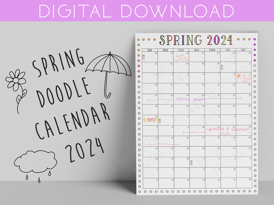 SPRING 2024 Doodle Calendar, Digital Print, FEB 18-MAY 18 - Etsy