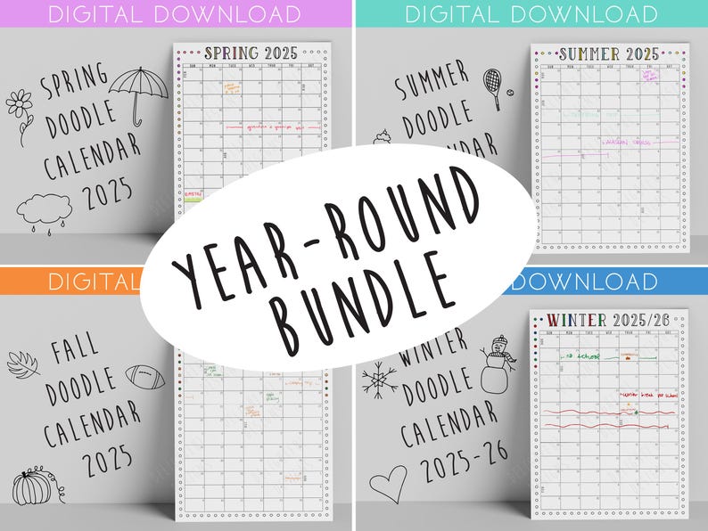 BUNDLE Doodle calendrier printemps 2025, été 2025, automne 2025, hiver ...