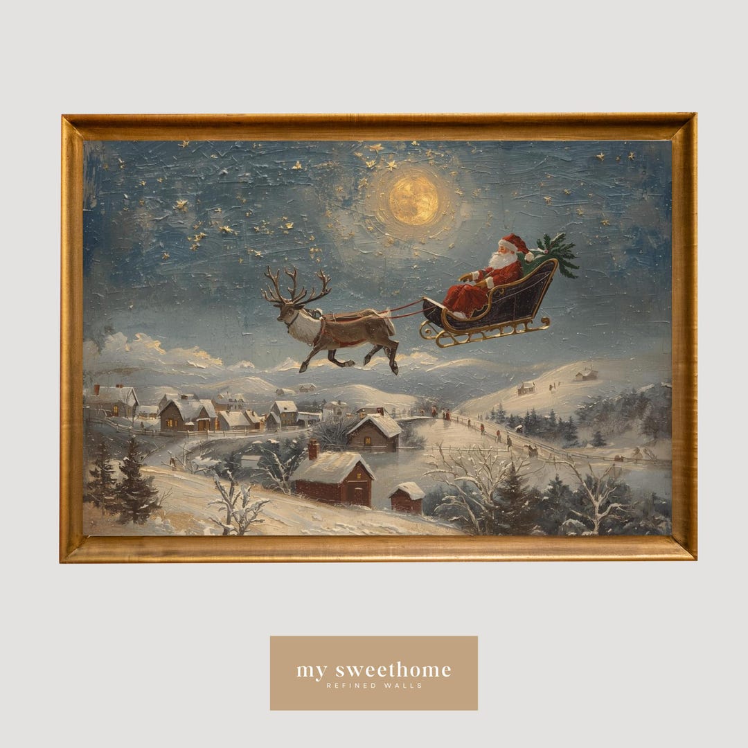 Vintage Santa Oil Painting Print: Christmas Cottage Decor - Etsy