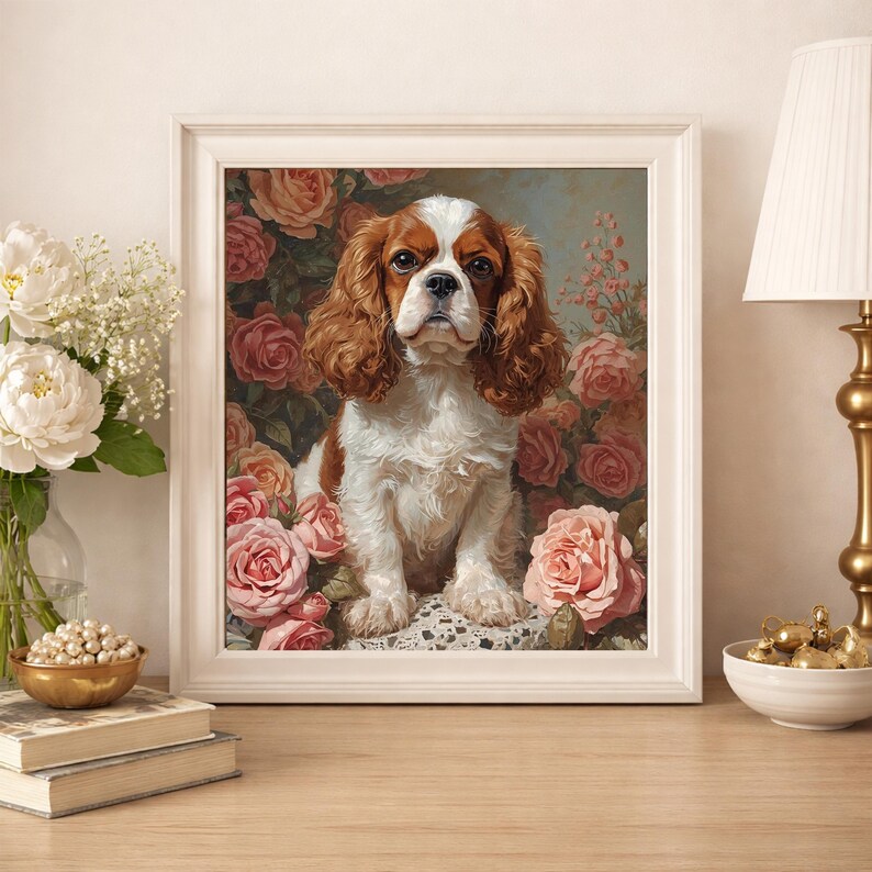Cavalier King Charles Spaniel Portrait, Pink Roses Victorian Art ...