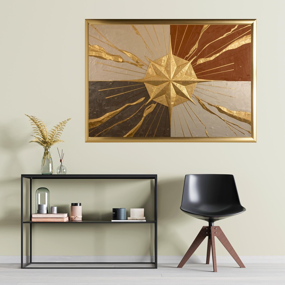 Abstract Gold Compass Star Art Print, Terracotta Grey Geometric ...