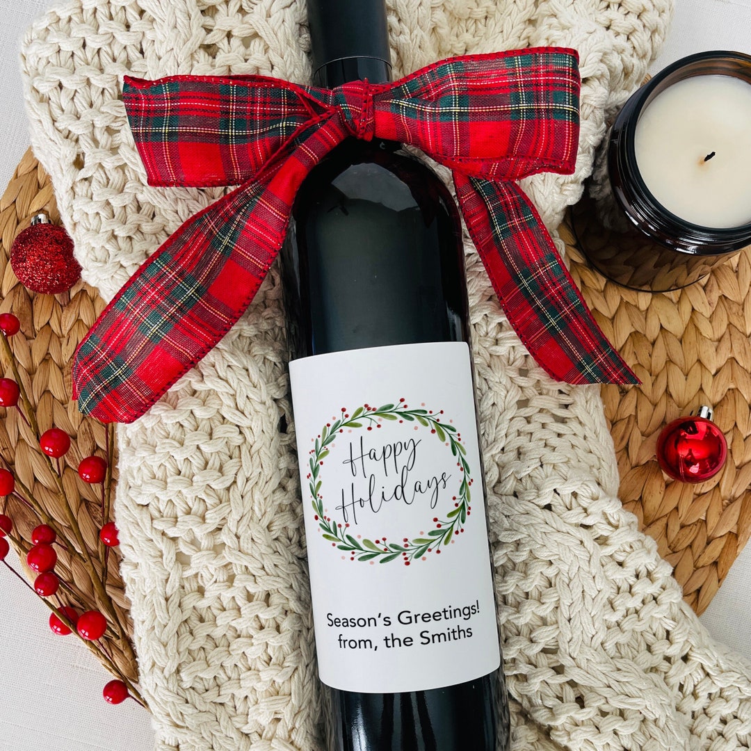 Happy Holidays Wine Labels, Christmas Wine Bottle Labels, Custom ...