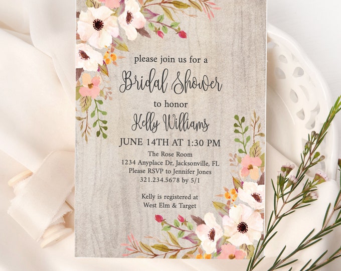 Rustic Floral Bridal Shower Invitations Custom Printed Invitations ...