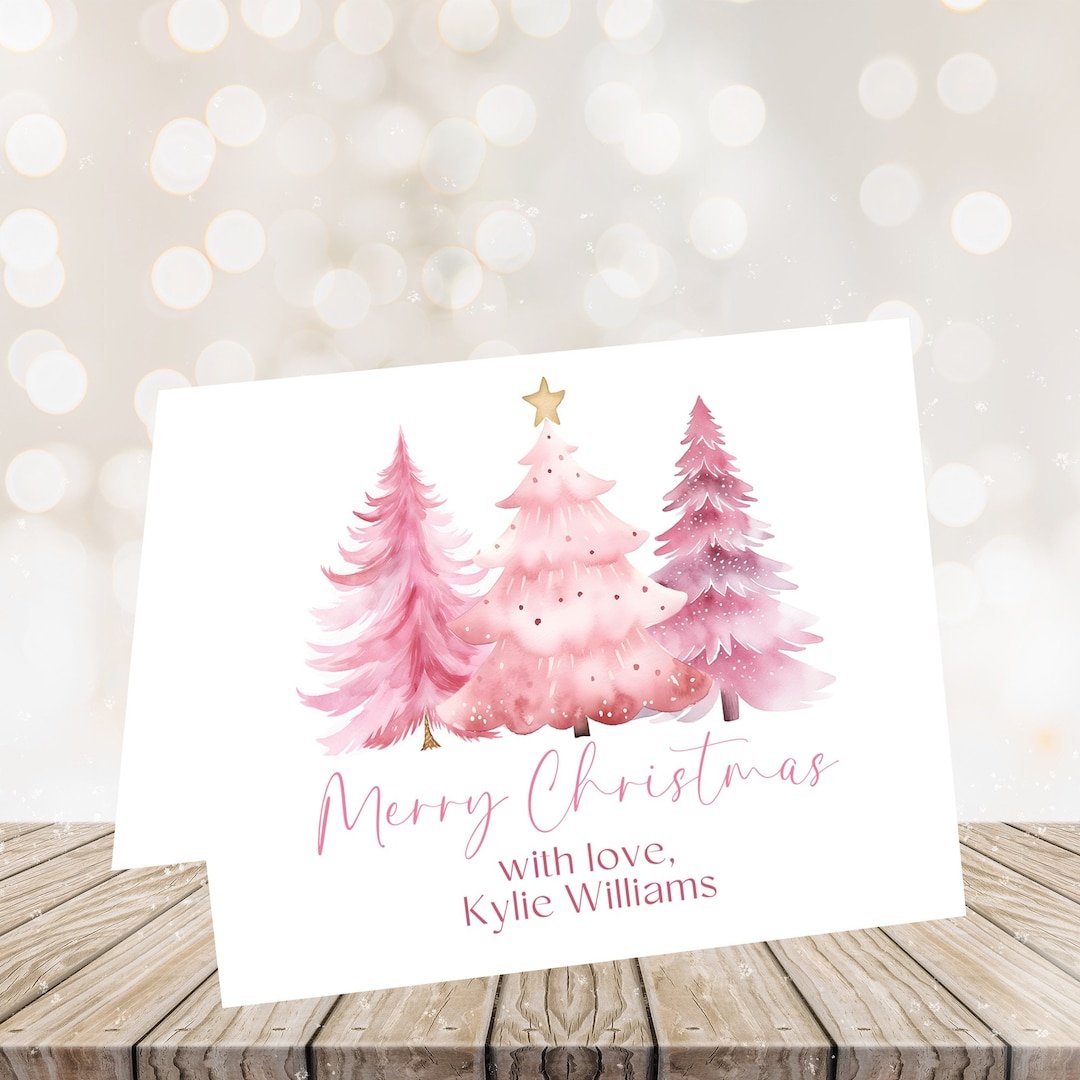 Pink Christmas Tree Holiday Cards, Personalized Holiday Cards ...
