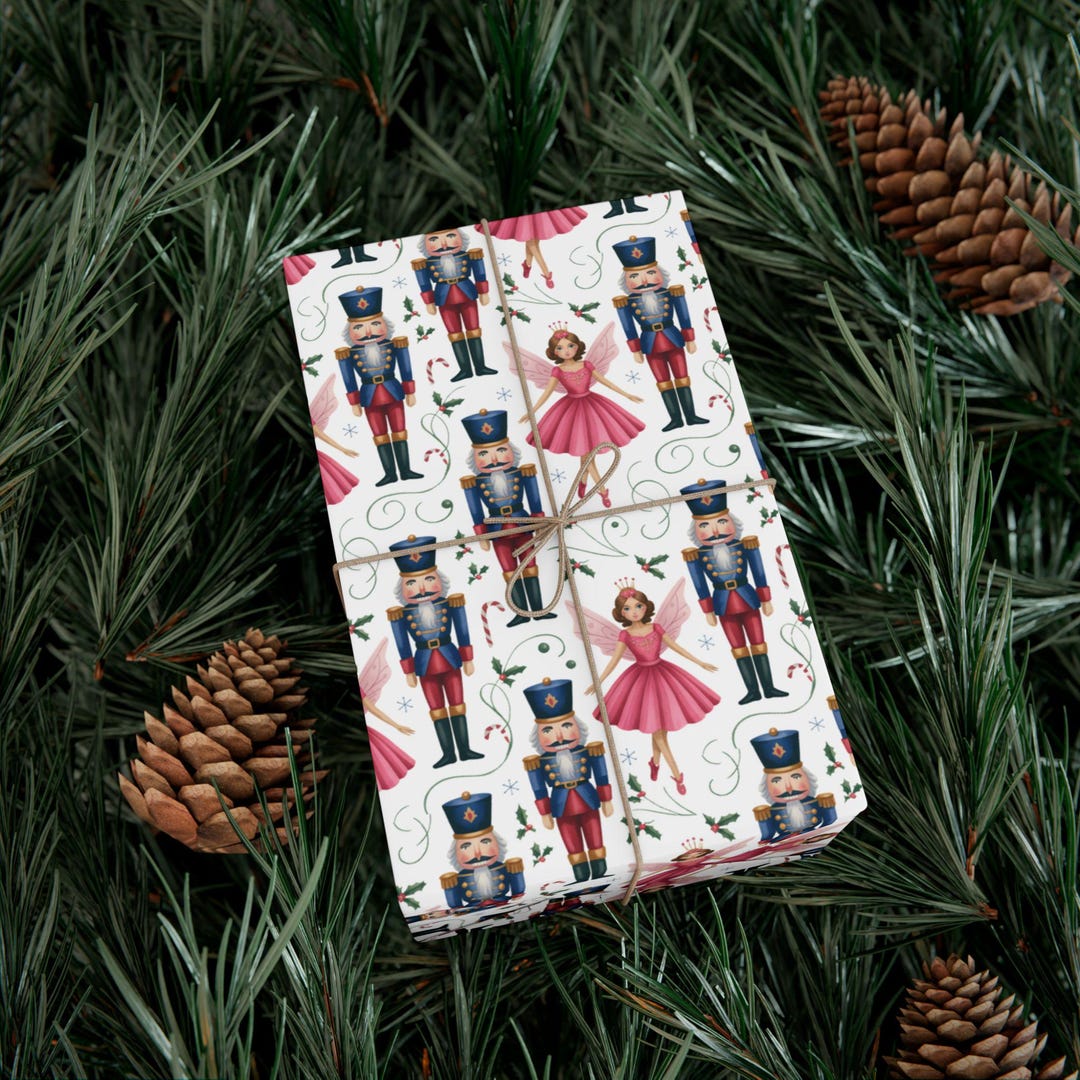 White Vintage Nutcracker Gift Wrap, Sugar Plum Fairy Ballet Christmas ...