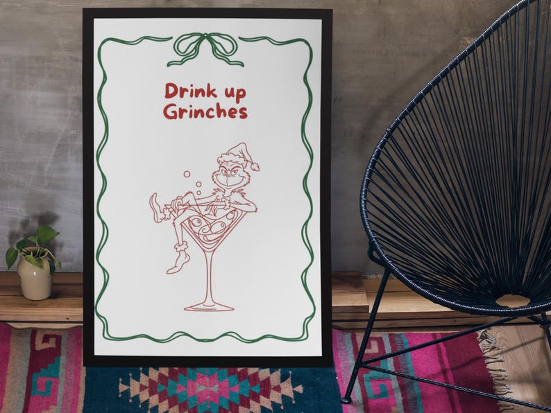 Martini Glass Grinch Red Line Art Holiday Cocktail Art Print Trendy ...