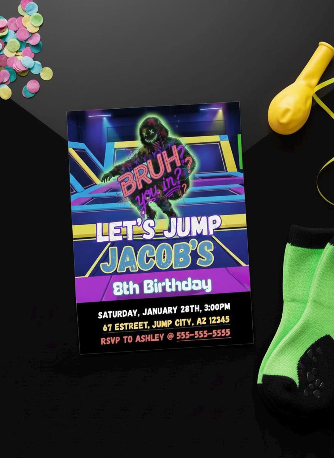 Editable Glow Jump Party Birthday Invitation Neon Trampoline Park ...