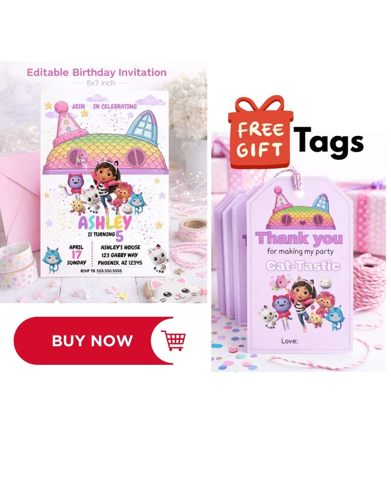 Editable Gabby's Dollhouse Birthday Invitation Gabby Editable Template ...