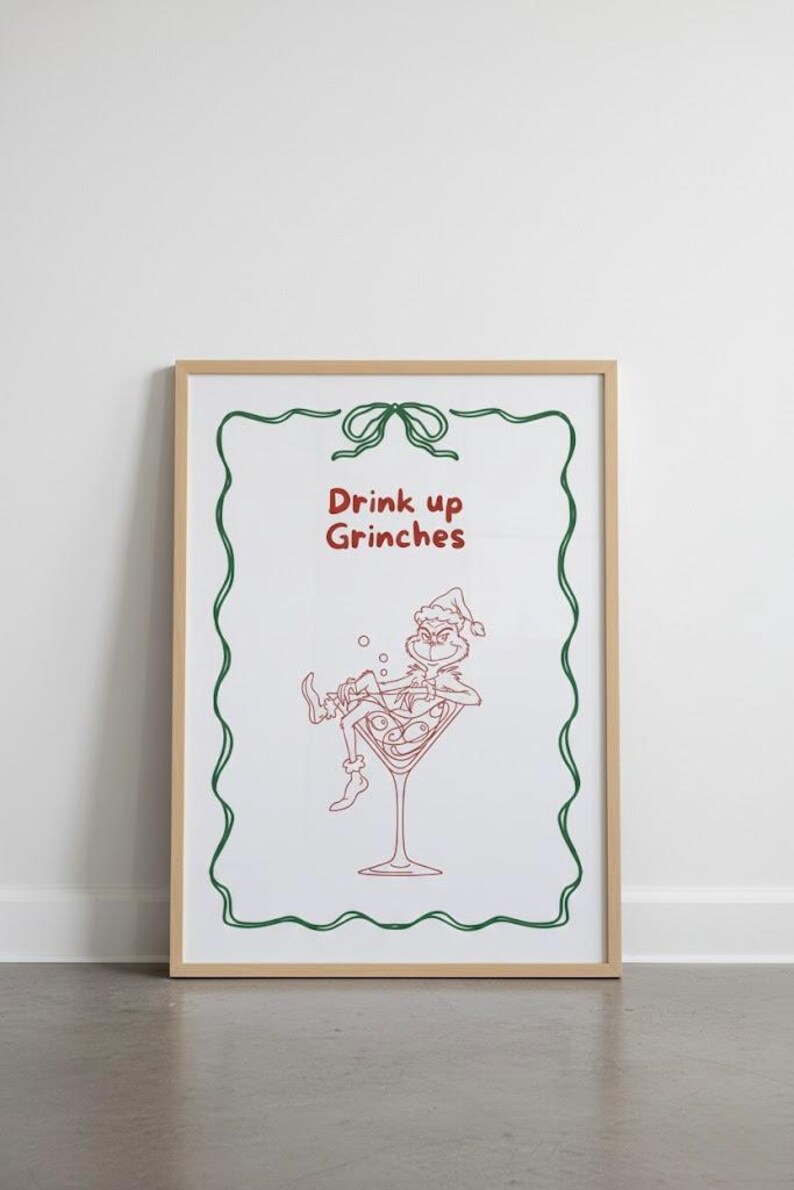 Martini Glass Grinch Red Line Art Holiday Cocktail Art Print Trendy ...