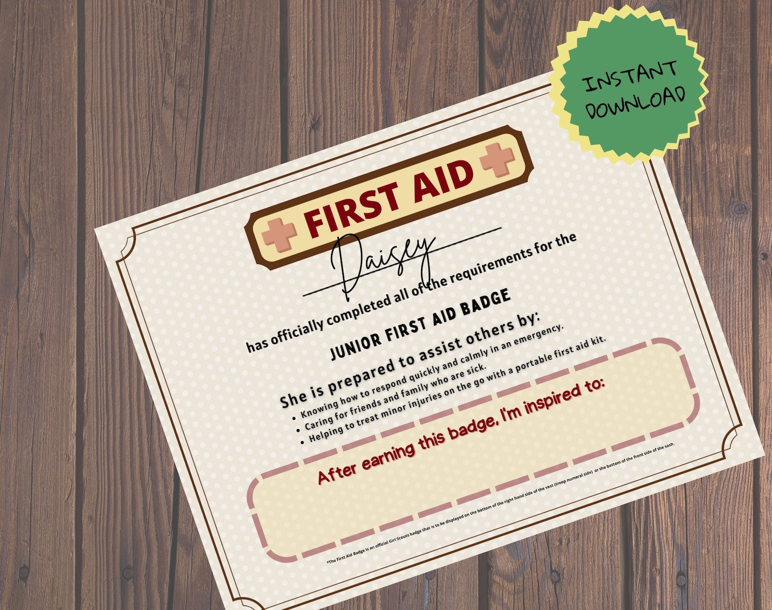 Junior First Aid Badge Certificate - Etsy