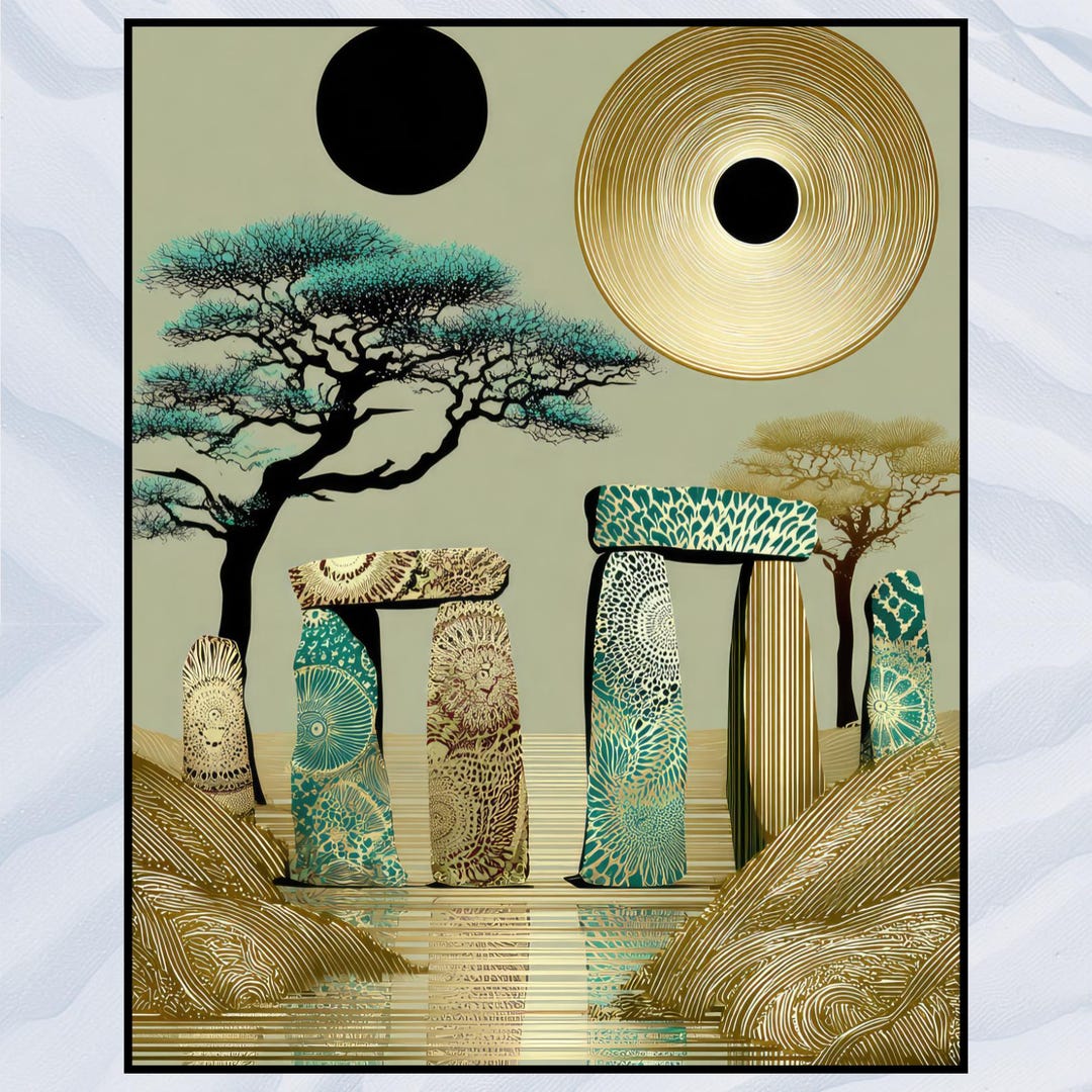 Mystical Stonehenge Art Print, Celestial Landscape Poster, Golden ...