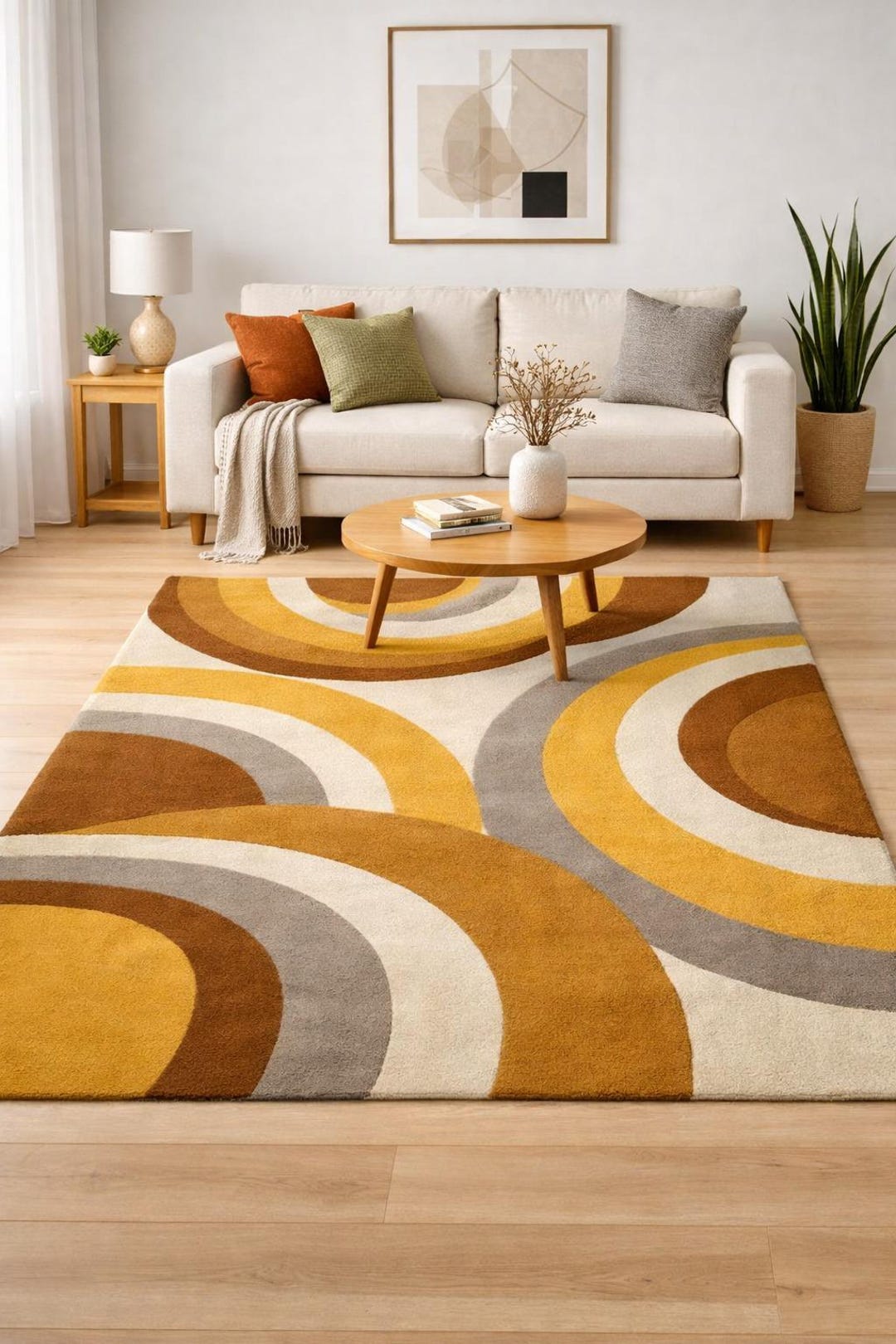 Hand Tufted Woolen Area Rug, Modern Abstract Rug, Brown Mustard Beige ...