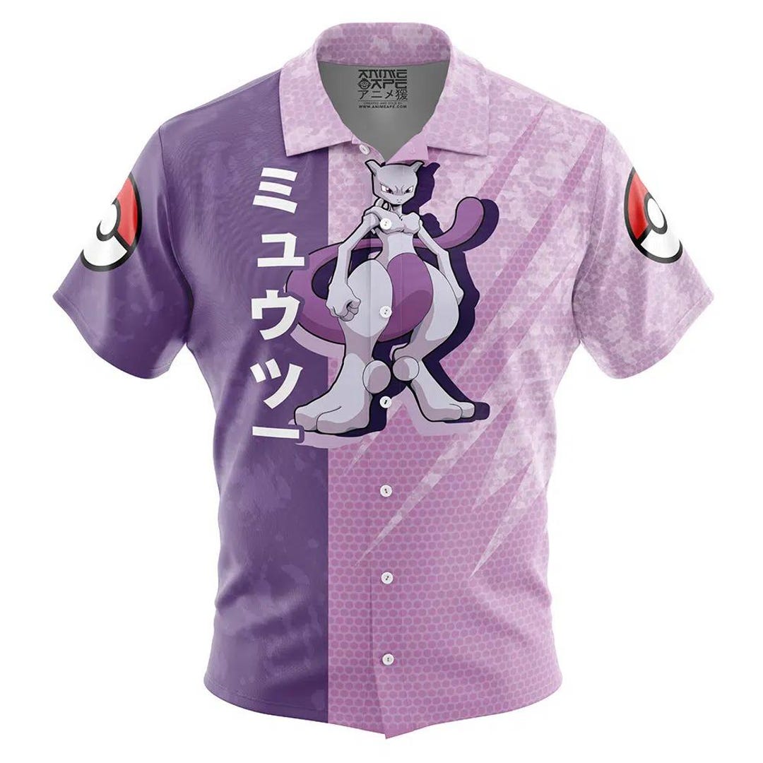 Mewtwo Pattern Pokemon Button up Hawaiian Shirt Cute Mewtwo Tropical ...