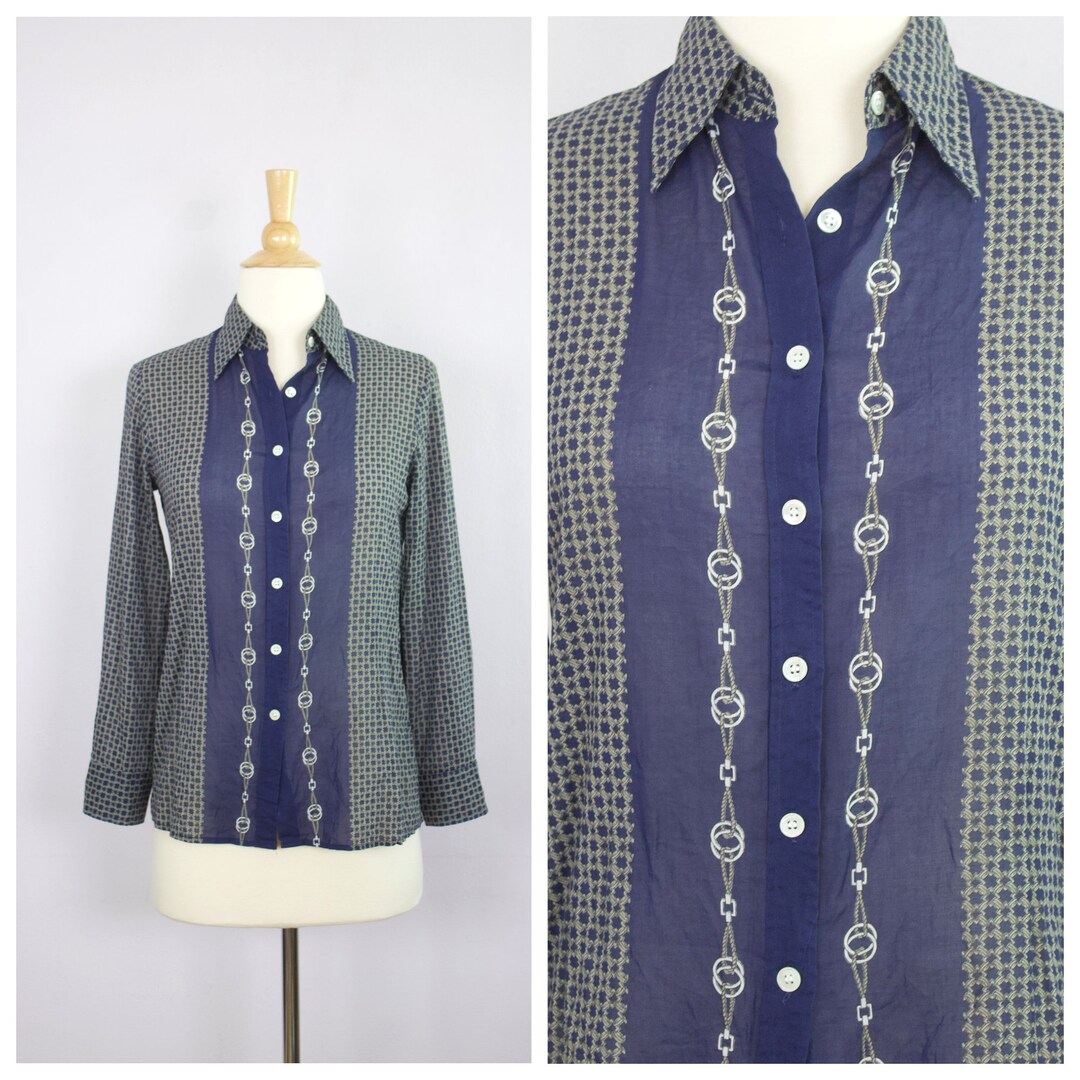 Vintage 1990's Blue Gray Chain Print Long Sleeve Button Down Shirt S - Etsy