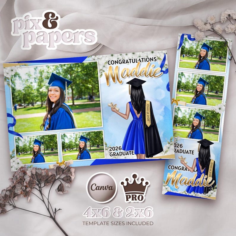 Photo Booth Template Graduation 2026 · Blue & Gold Motif · Floral Frame ...