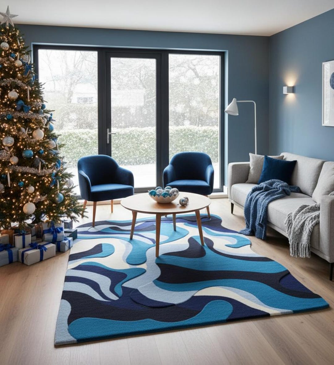 Abstract Blue Wavy Rug | Modern Organic Shape Carpet - Etsy