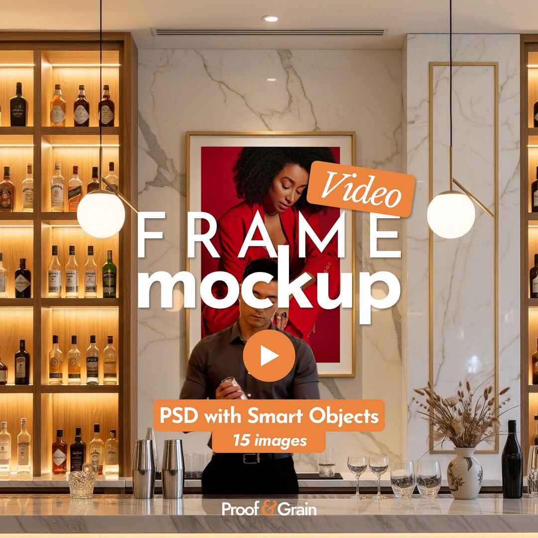 Bar Interior Video Art Mockup, 15 Images (PSD Template, 1x1 and 9x16 ...