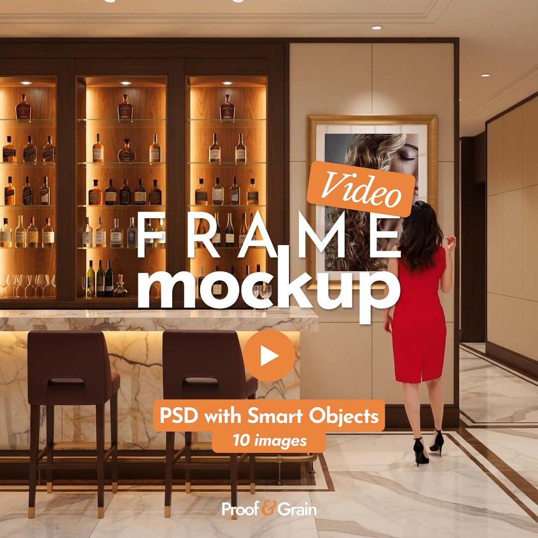 Video Wall Art Mockup With Person: Hotel Bar Scene (PSD Template, 1x1 ...