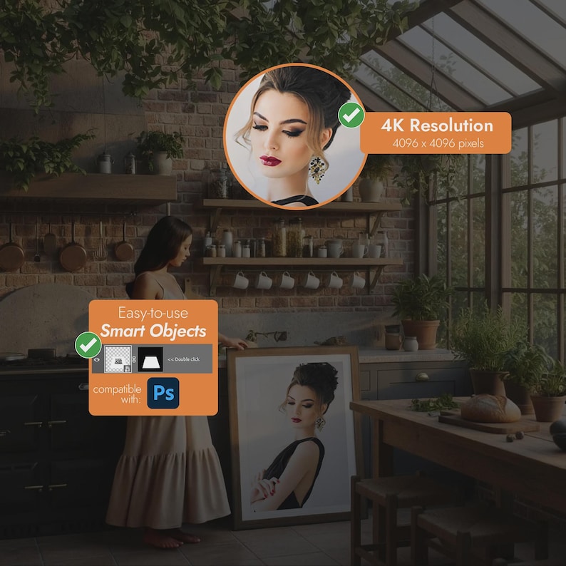 Vertical Wall Art Video Mockup With Person: Kitchen (PSD Template, 1x1 ...