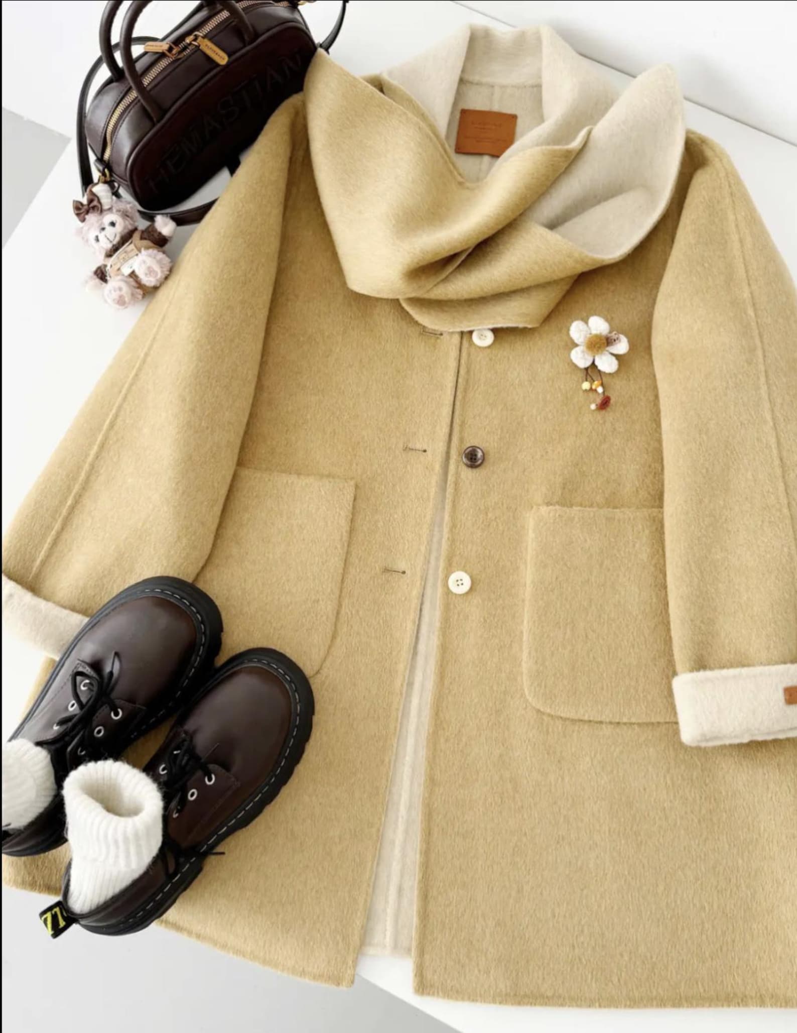 Reversible Two-tone 100% Wool Coat With Built-in Scarf, Olive, Black ...