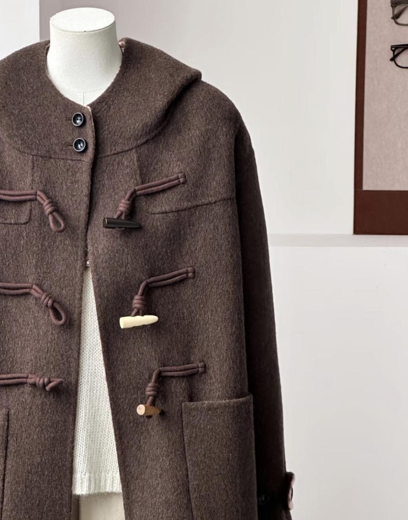 Fern Hooded Toggled Duffle Coat - Brown – Handmade Double-faced Wool ...