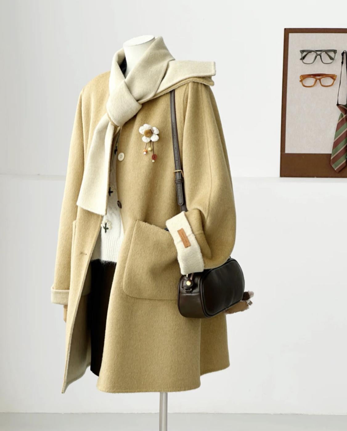 Reversible Two-tone 100% Wool Coat With Built-in Scarf, Olive, Black ...