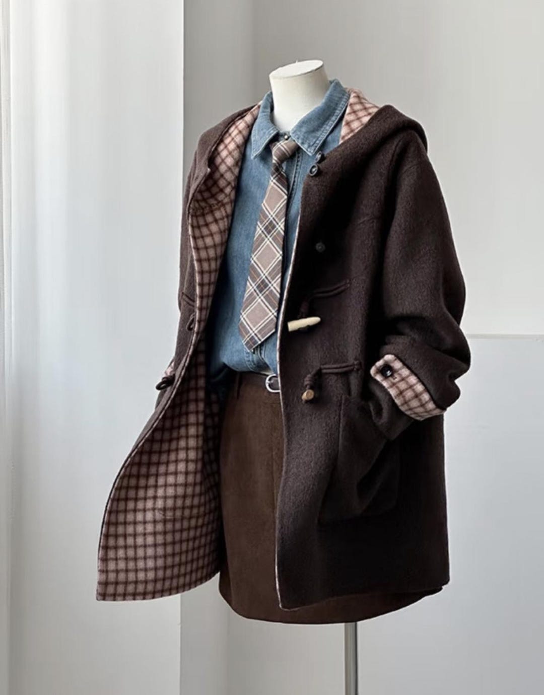 Fern Hooded Toggled Duffle Coat - Brown – Handmade Double-faced Wool ...